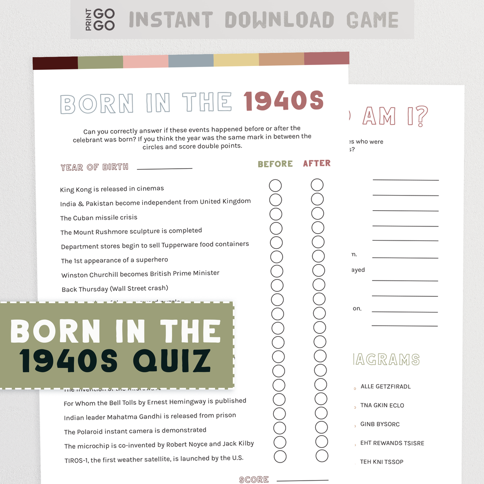 Born in 1940s - 80th Birthday Trivia Quiz for Instant Download! – Print ...