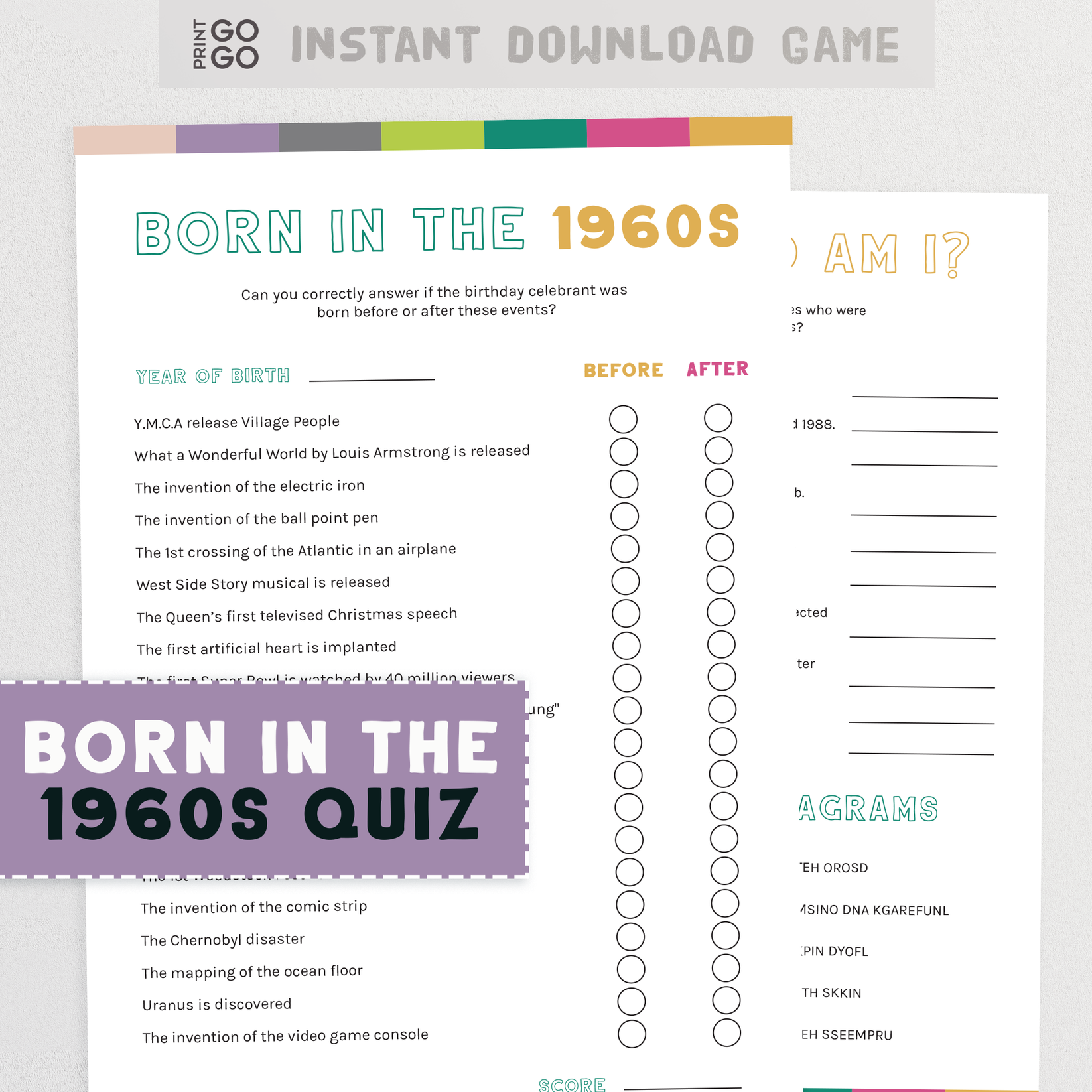 Born in 1960s - 60th Birthday Trivia Quiz for Instant Download! – Print ...