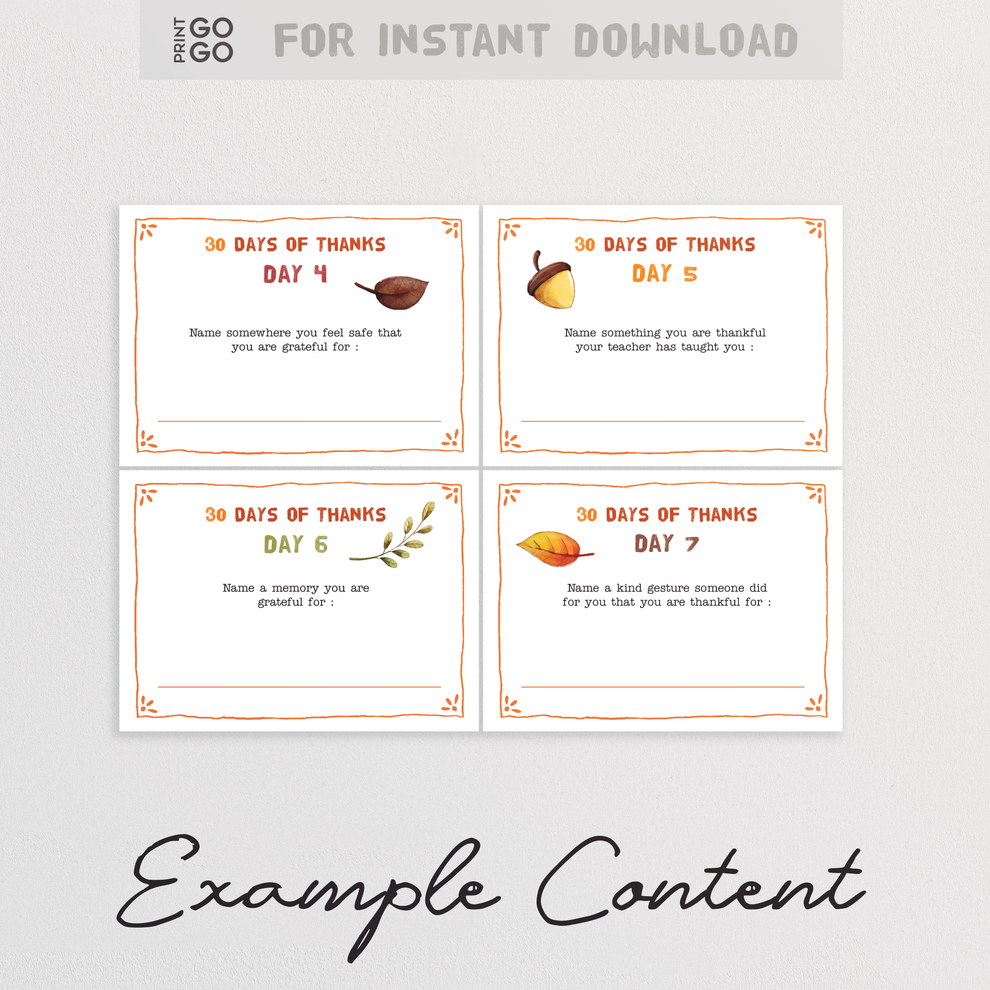 30 Days of Thanks Cards - Thanksgiving Daily Gratitude Cards For Kids ...