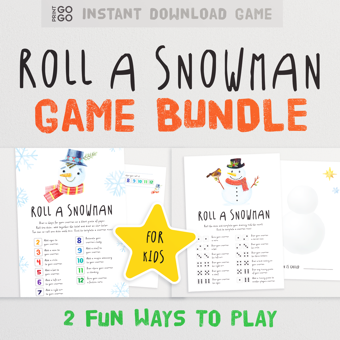 Christmas Roll A Snowman Bundle - Fun Printable Party Games for Kids ...