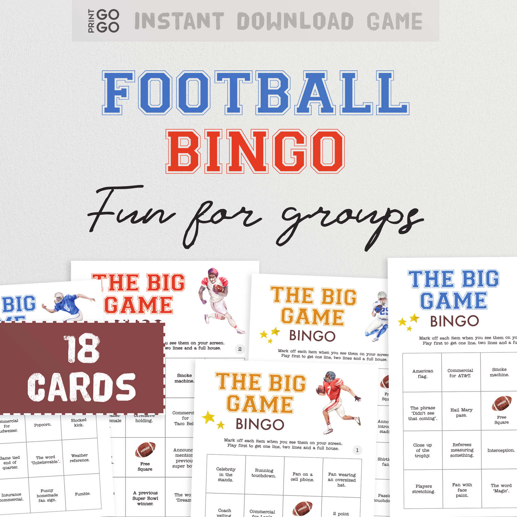 18 Super Bowl 'The Big Game' Football Bingo Cards for Instant Download ...