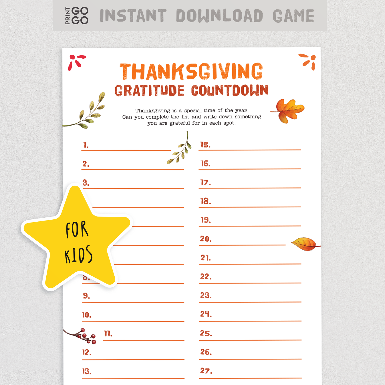 Thanksgiving Gratitude Countdown for Kids – Print GoGo