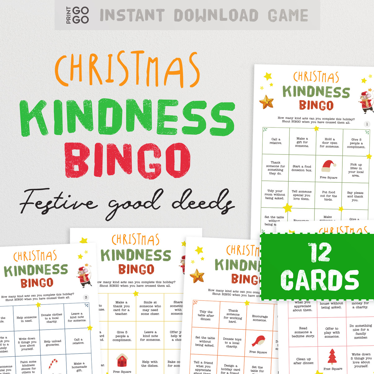 Christmas Kindness Bingo Cards - 12 Instant Download Cards for Kids ...