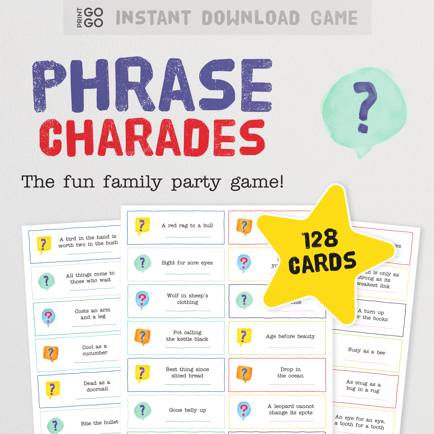 Phrase Charade Cards - The Fun Family Party Game of Acting Out! – Print ...