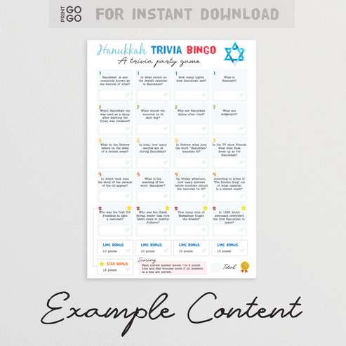 🤓 Hanukkah Trivia Bingo – Printable Jewish Party Game – Print GoGo