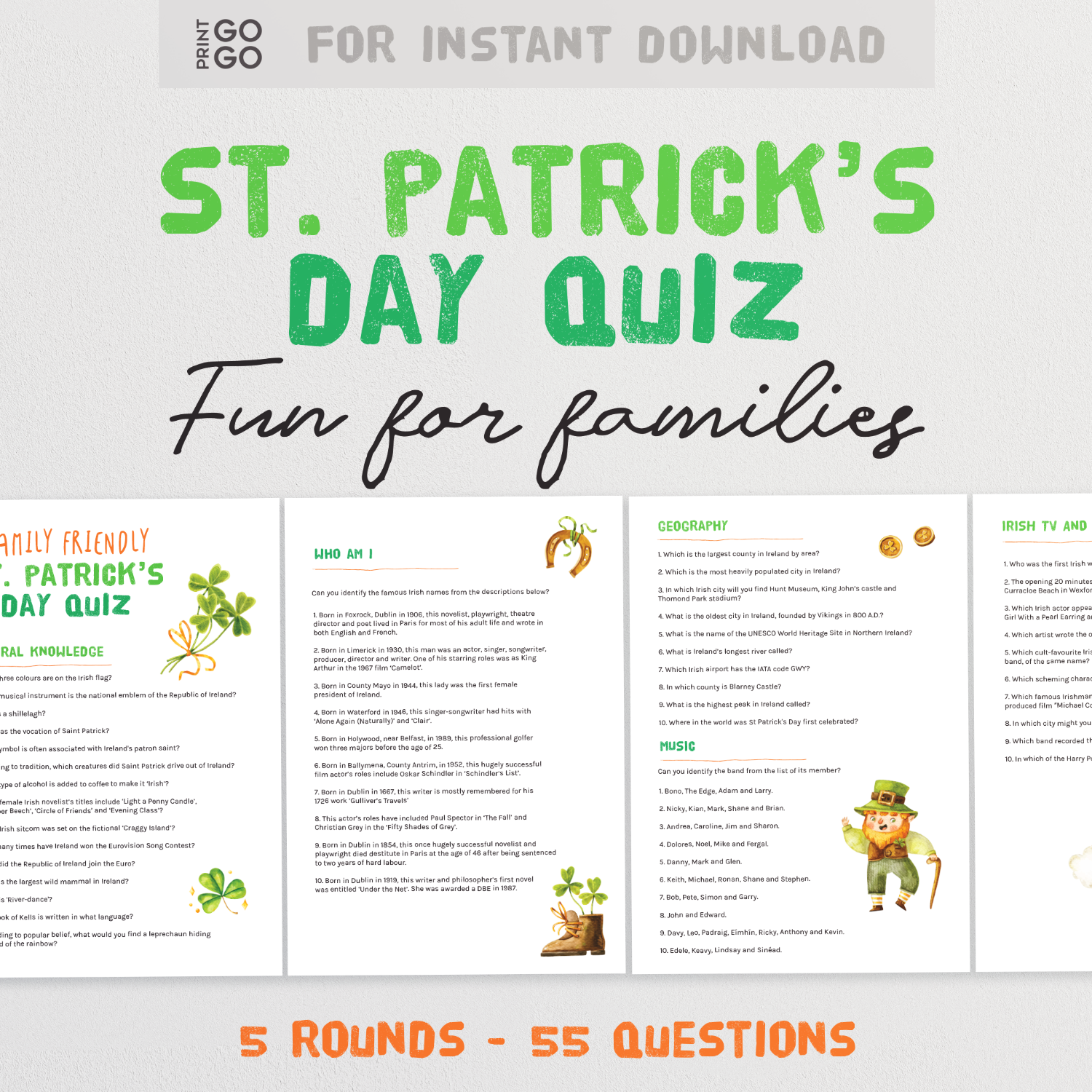 🇮🇪 St. Patrick’s Day Quiz: 55 Irish Trivia Questions – Print GoGo
