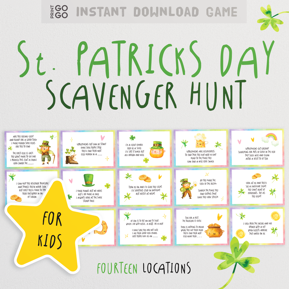 St. Patricks Day Scavenger Hunt for Kids - Indoor Clue Cards for Kids ...