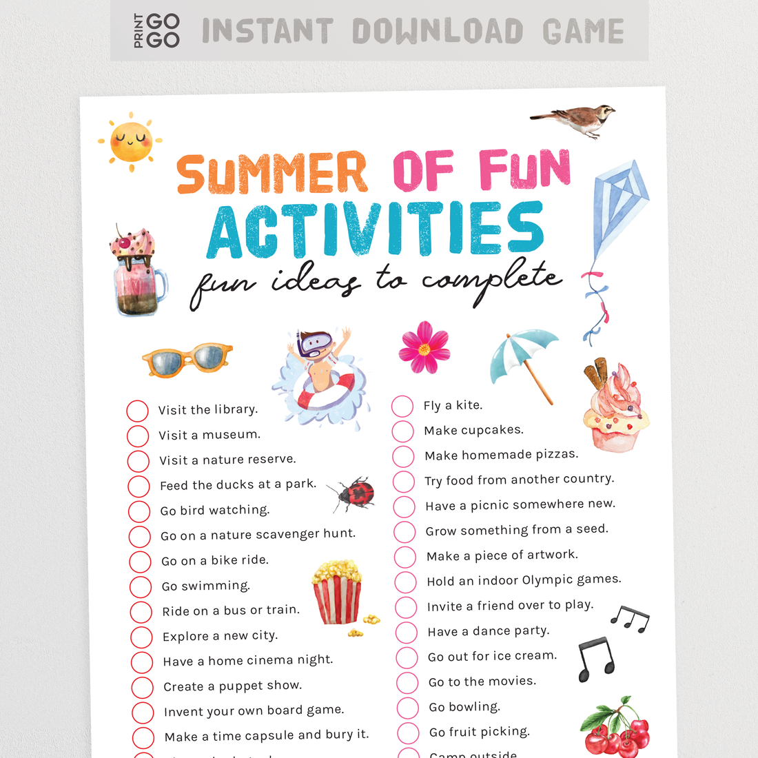 Summer of Fun Activity Checklist - 36 Activities to Complete! – Print GoGo