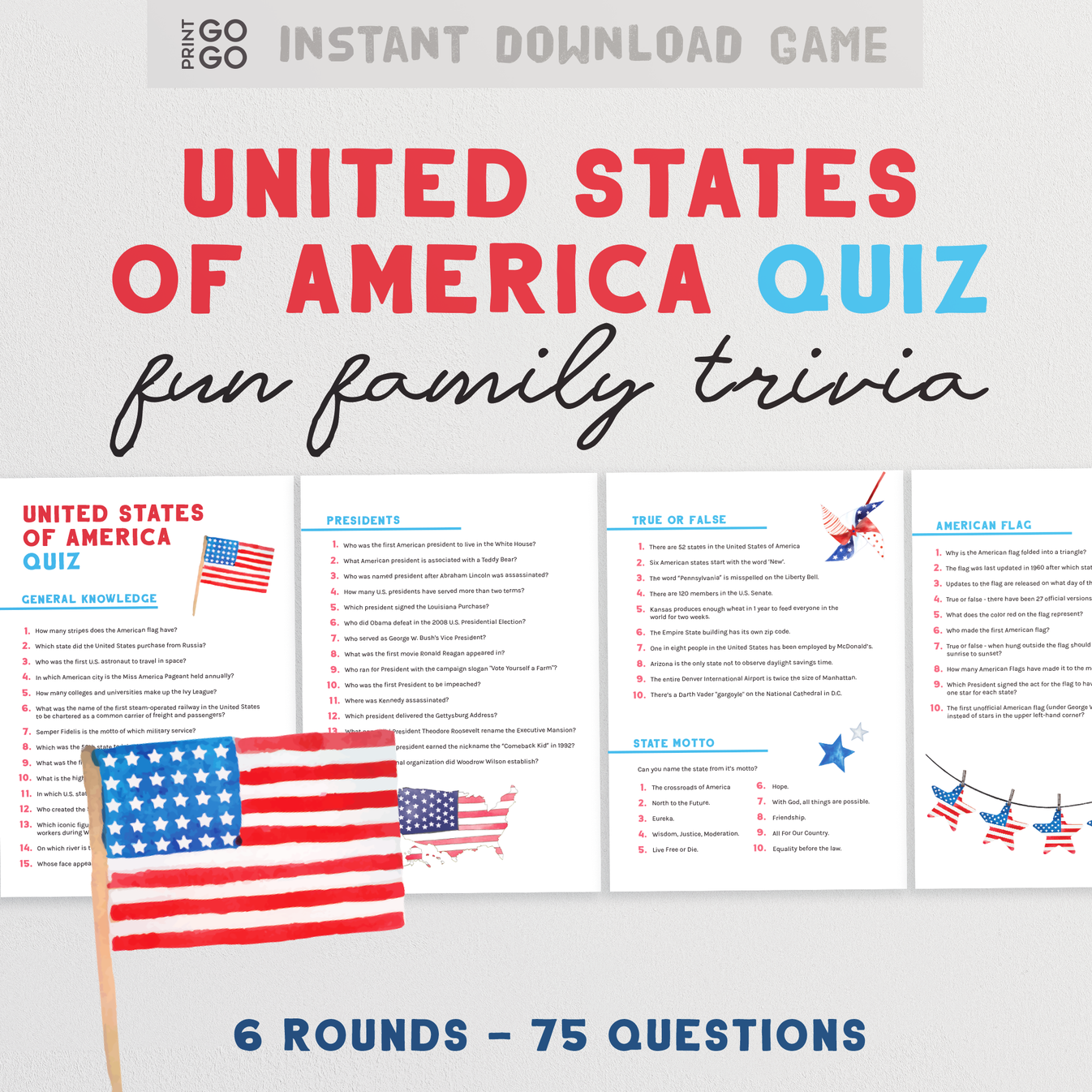 USA Trivia Quiz - 75 Questions to Test Your General Knowledge! – Print GoGo
