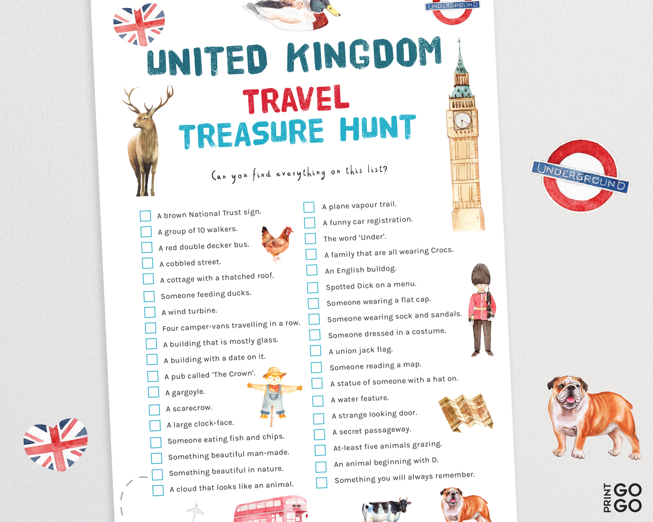 United Kingdom Travel Treasure Hunt for Kids – Print GoGo
