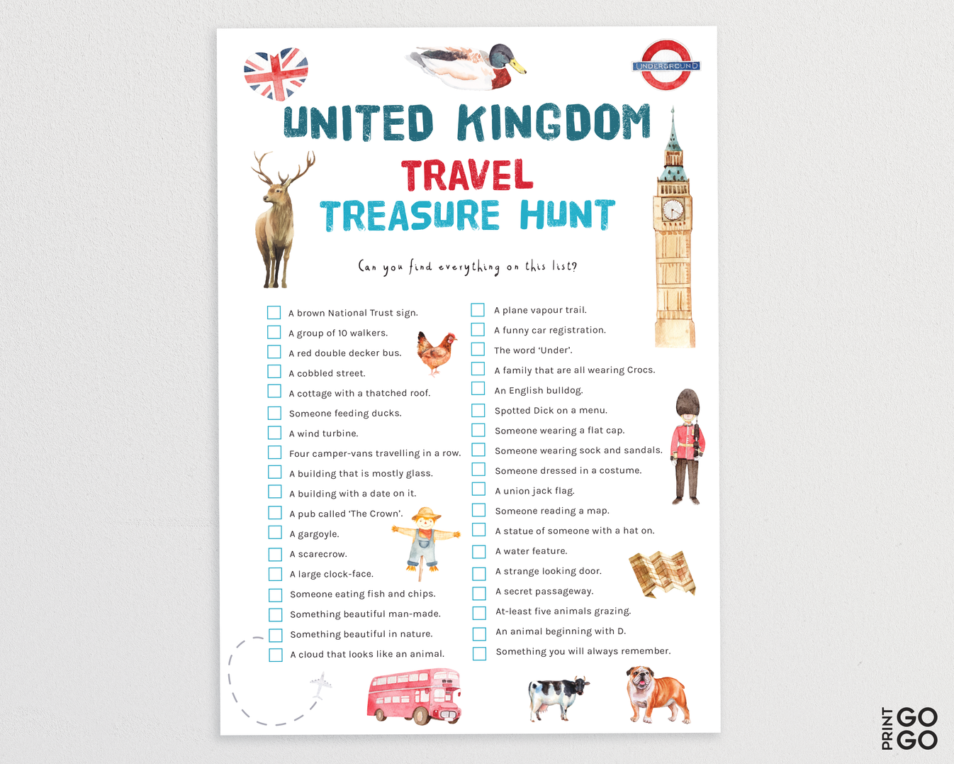 United Kingdom Travel Treasure Hunt for Kids – Print GoGo